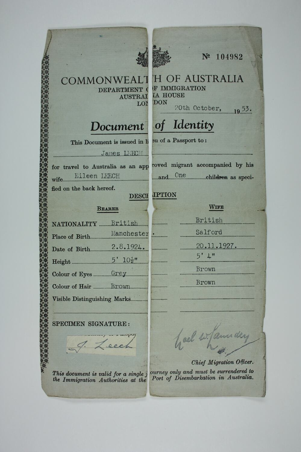 James & Eileen Leech, British Returned Migrants, 1953-1956
