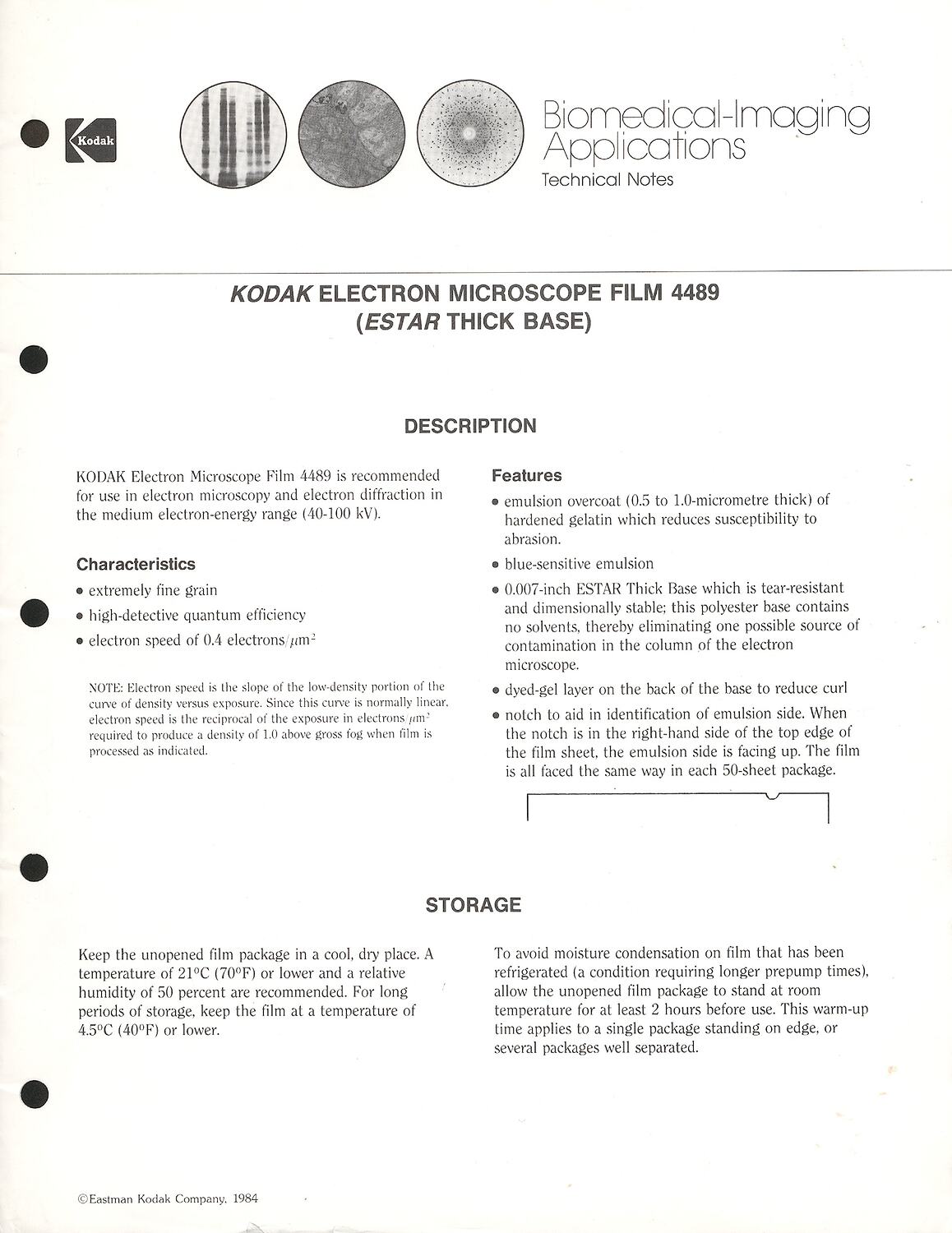 Data Sheet - Eastman Kodak, Kodak Electron Microscope Film 4489, 1984