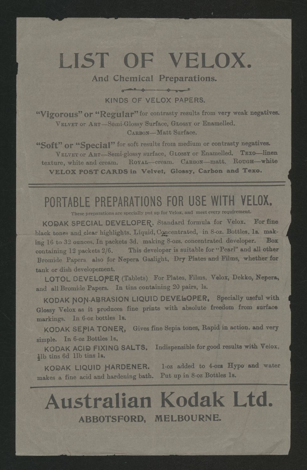 User Guide - Australian Kodak Limited, 'List Of Velox And Chemical ...