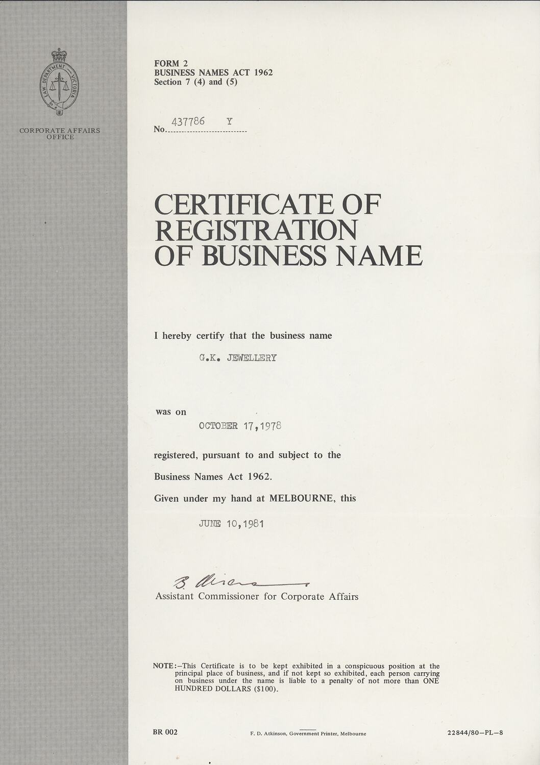 Certificate - Registration of Business Name, G. K. Jewellery, Melbourne ...