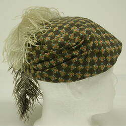 Hat - Toque Style, Brown Floral with Feathers