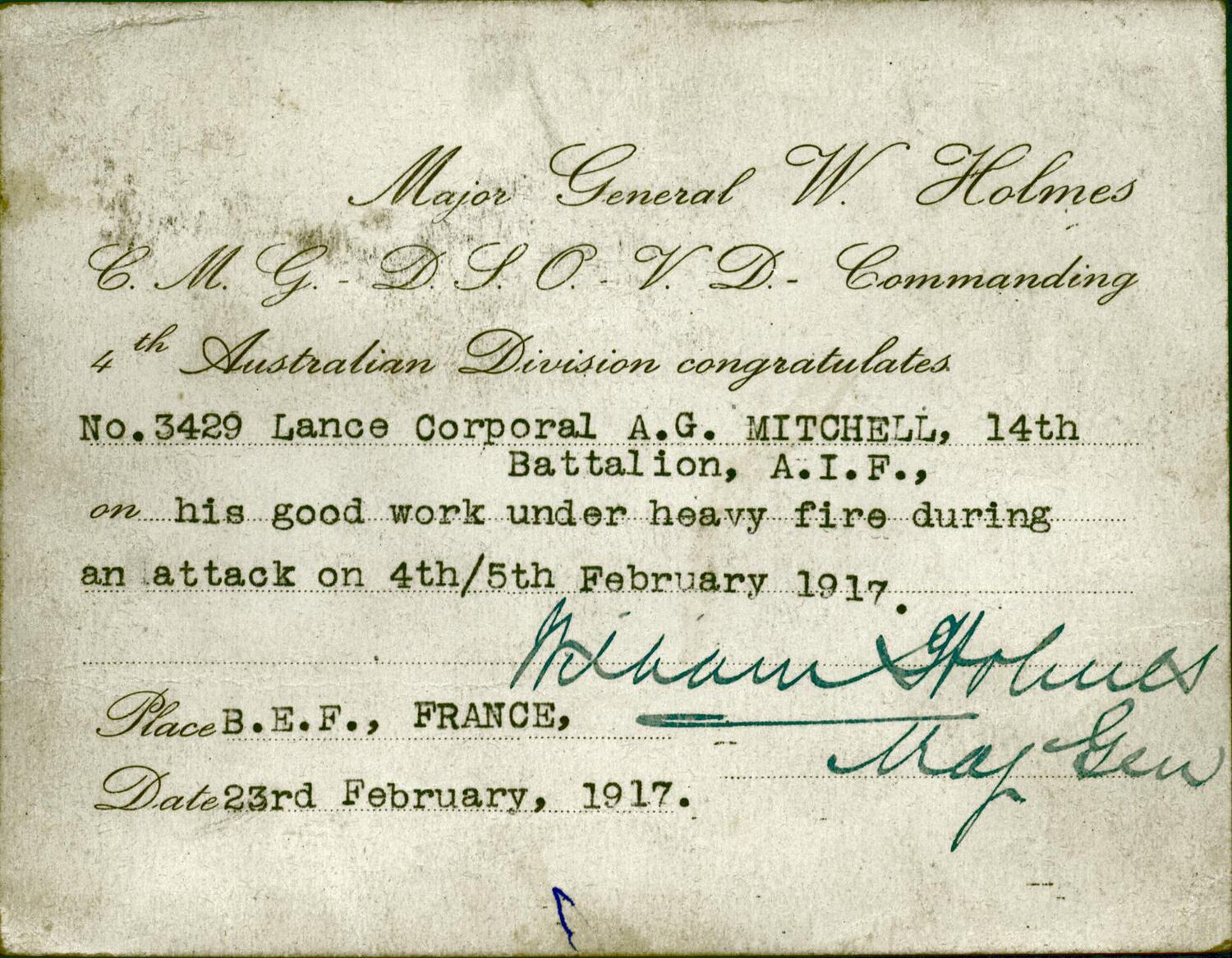 Card - Congratulations, Major General W. Holmes to Lance Corporal A.G ...