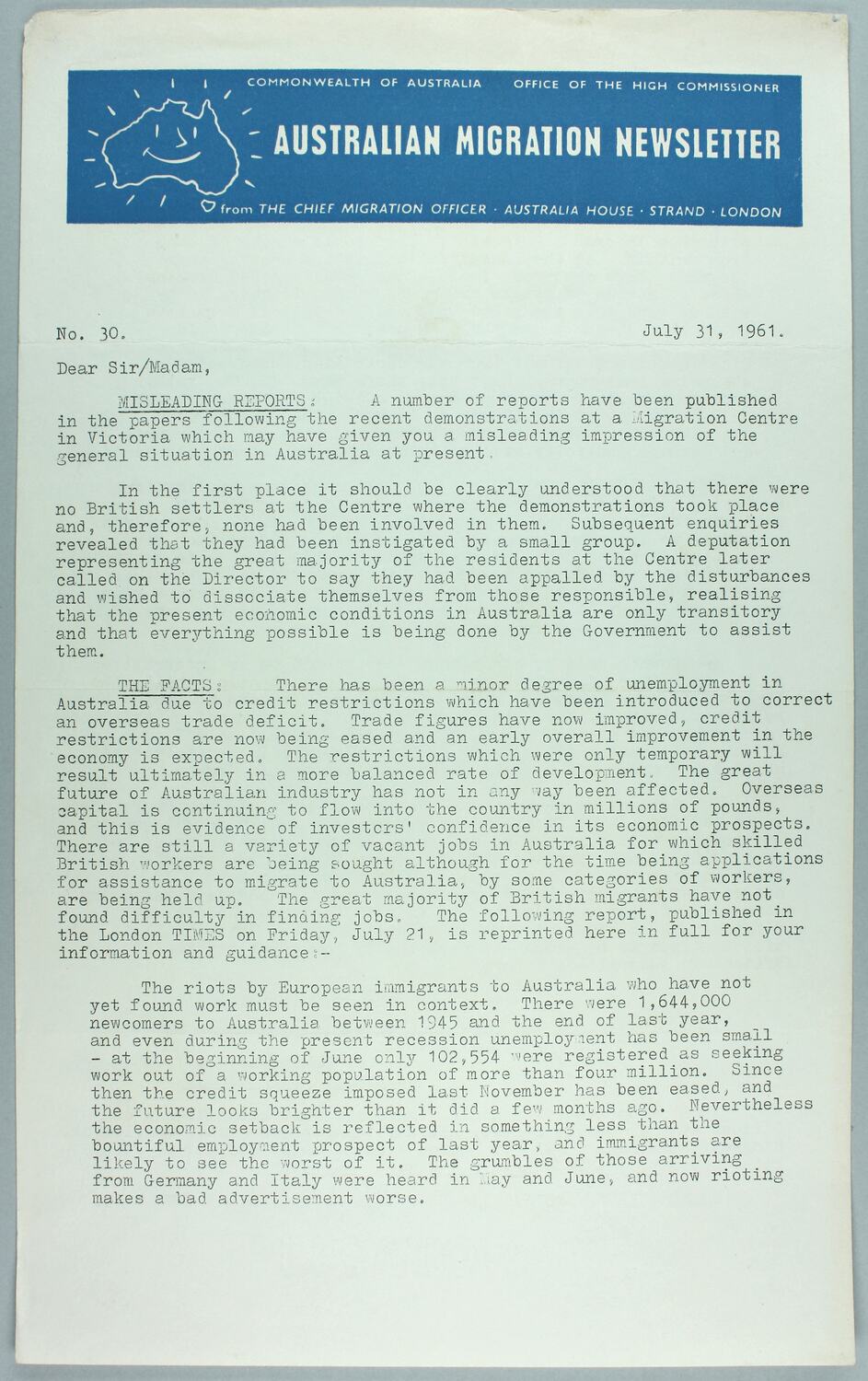 Newsletter - 'Australian Migration Newsletter', 31 Jul 1961