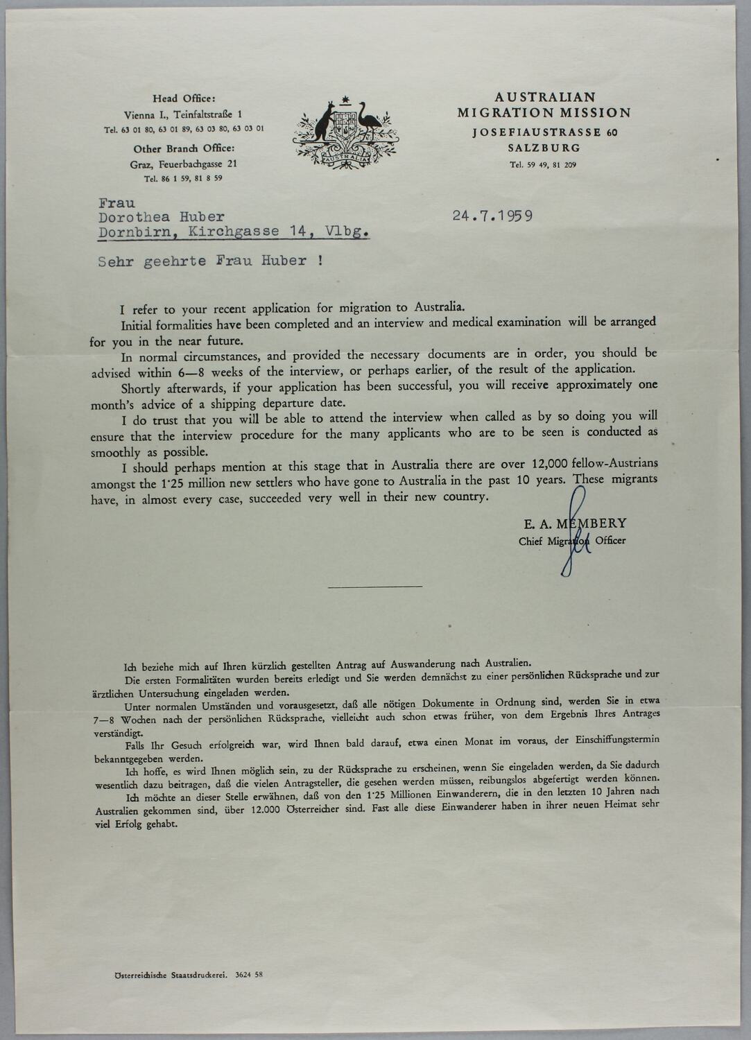Letter - Australian Migration Mission to Dorothea Huber, Salzburg, 24 ...