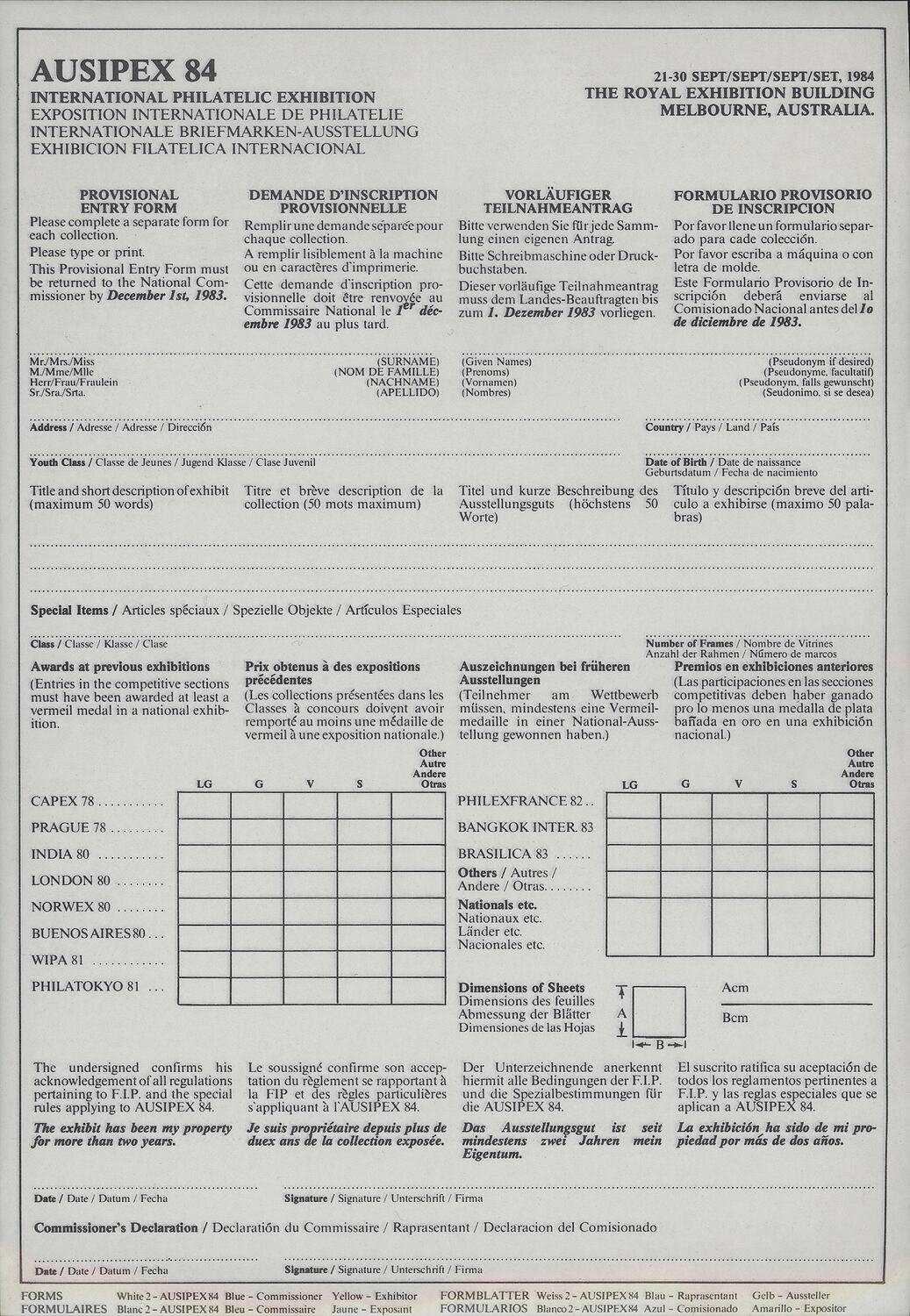 Entry Form - Ausipex 84 International Philatelic Exhibition, 21 - 30 ...