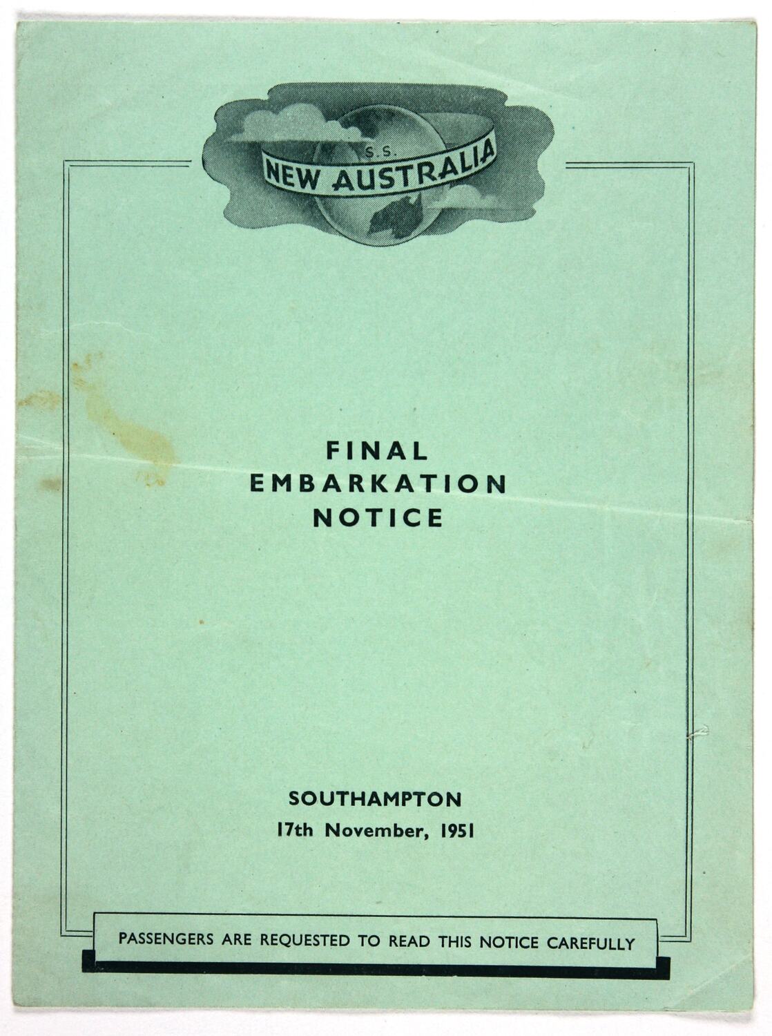 Final Embarkation Notice - New Australia, Shaw Savill Line, Southampton ...