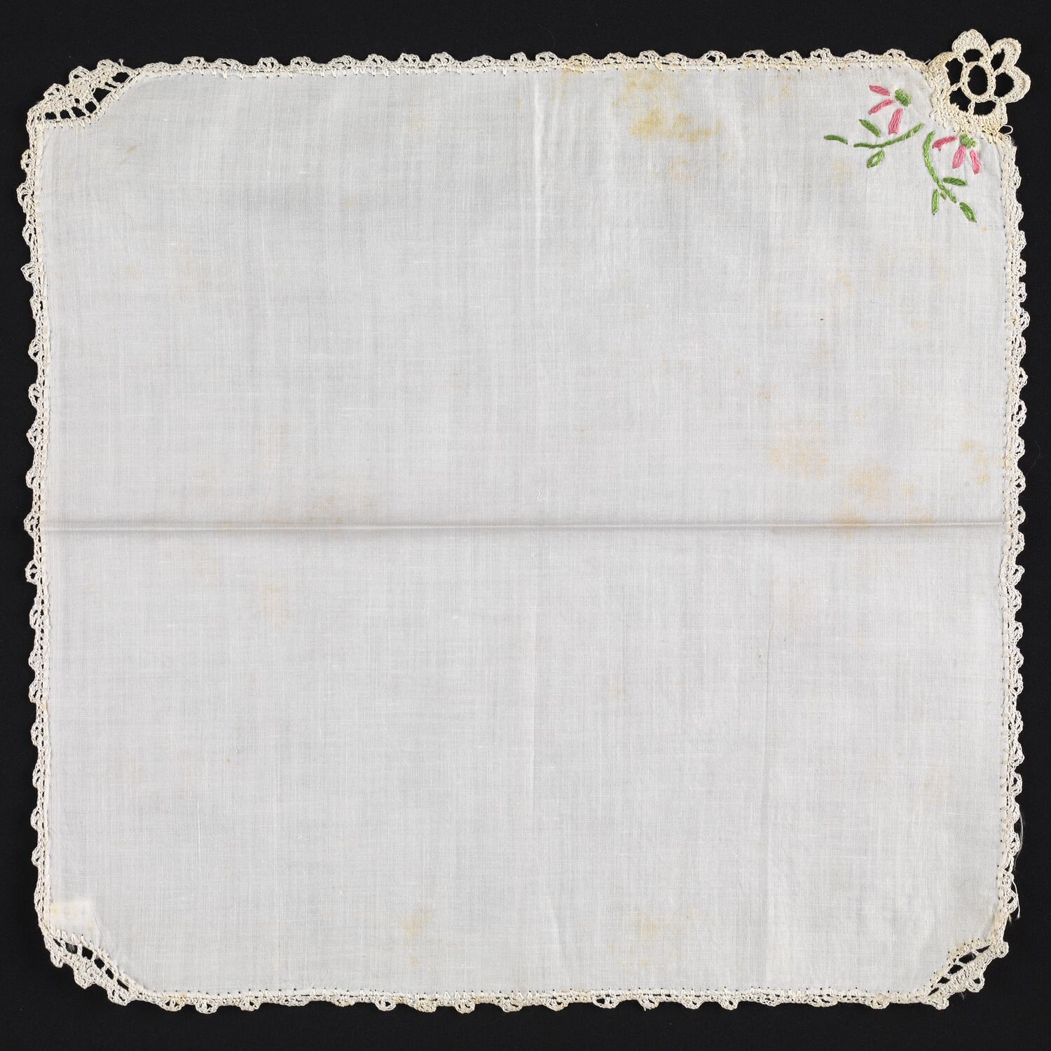 Handkerchief - Embroidered Flowers, Crocheted Edge, White Cotton, circa ...