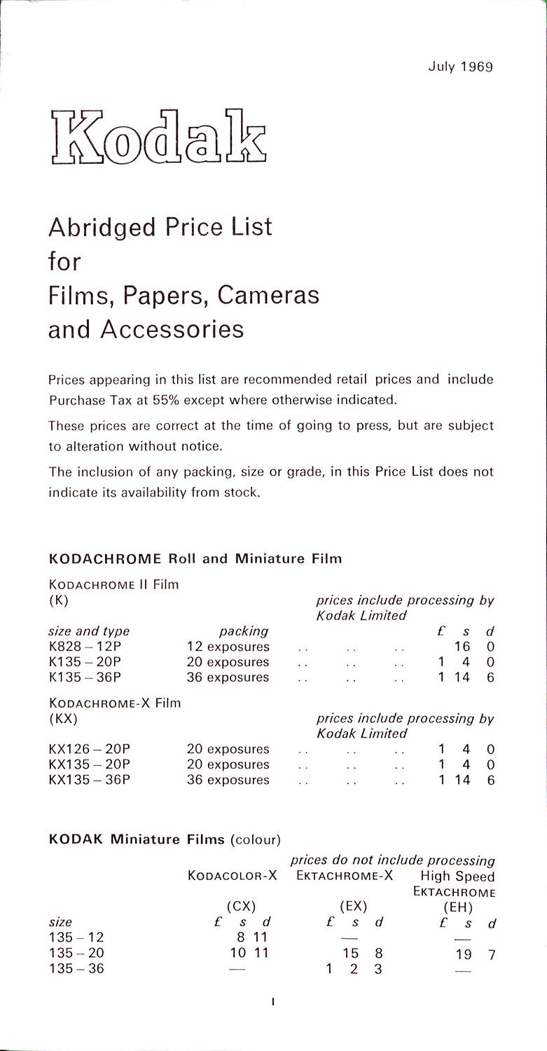 Price List - Kodak Limited, 'Abridged Price List for Films, Papers ...