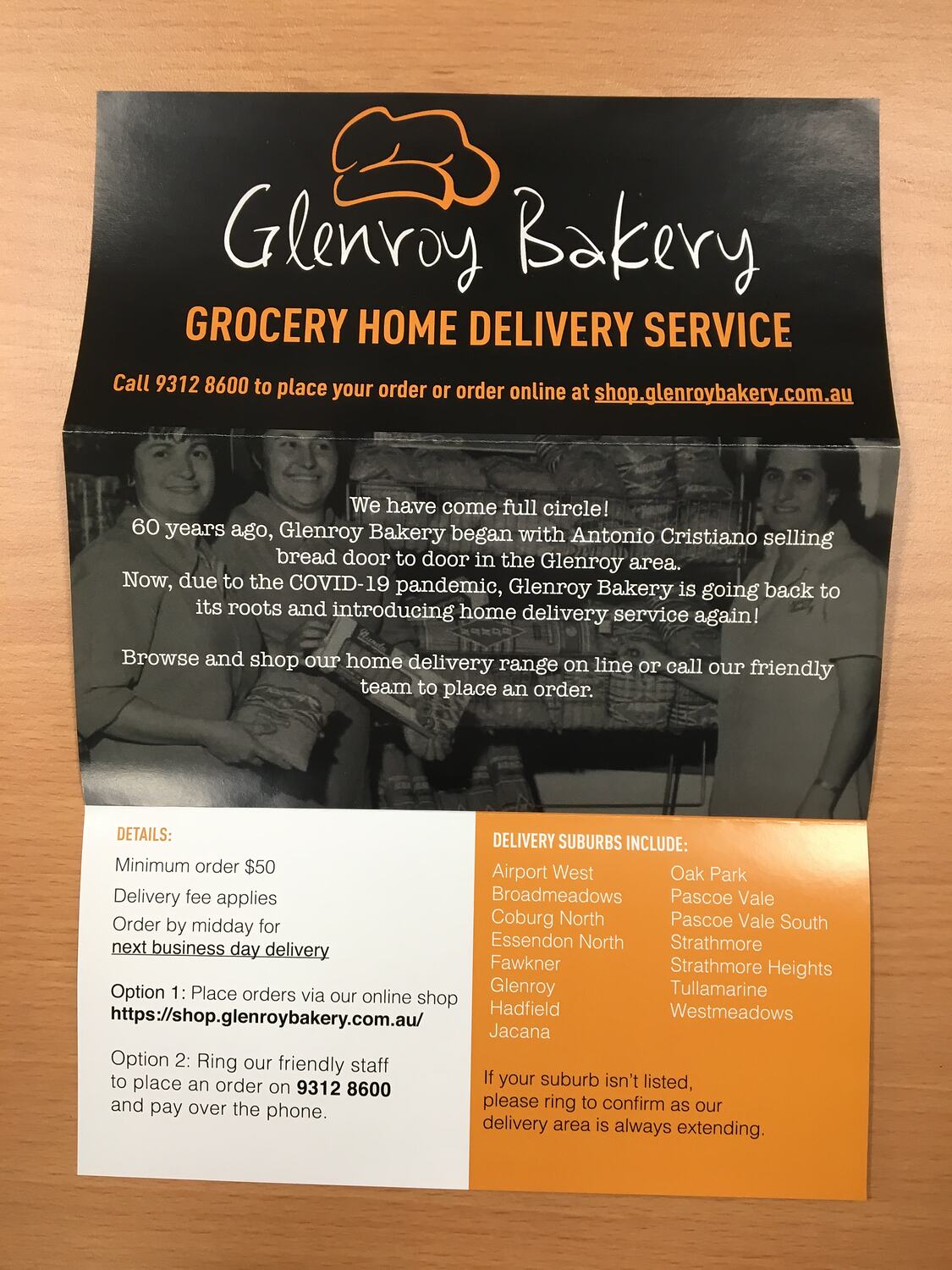 Flyer - 'Grocery Home Delivery Service', Glenroy Bakery, Glenroy, April ...