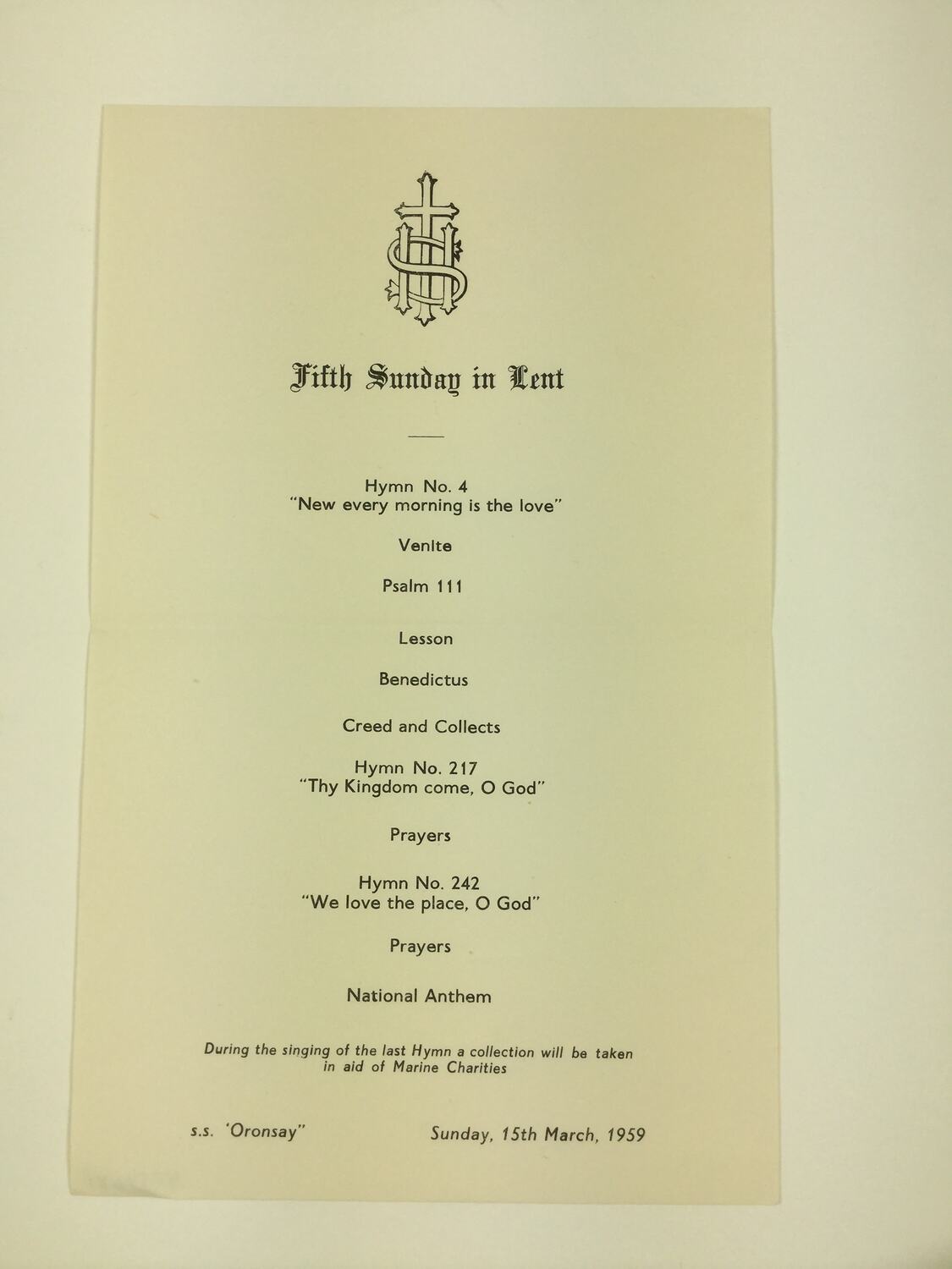 Pamphlet - Church Service Program, SS Oronsay, 15 Mar 1959