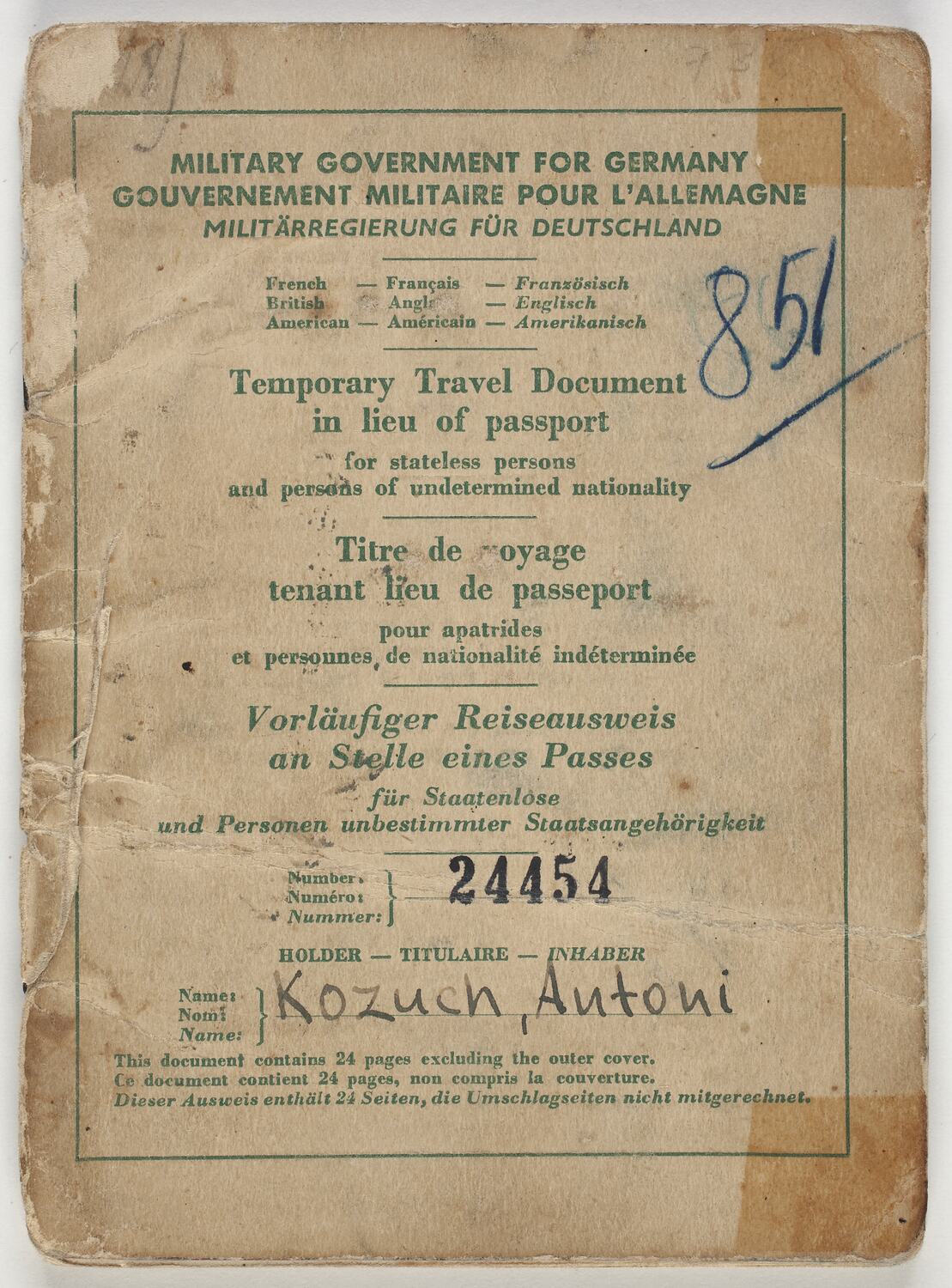 Temporary Travel Document - Issued to Antoni Kozuch by Military ...