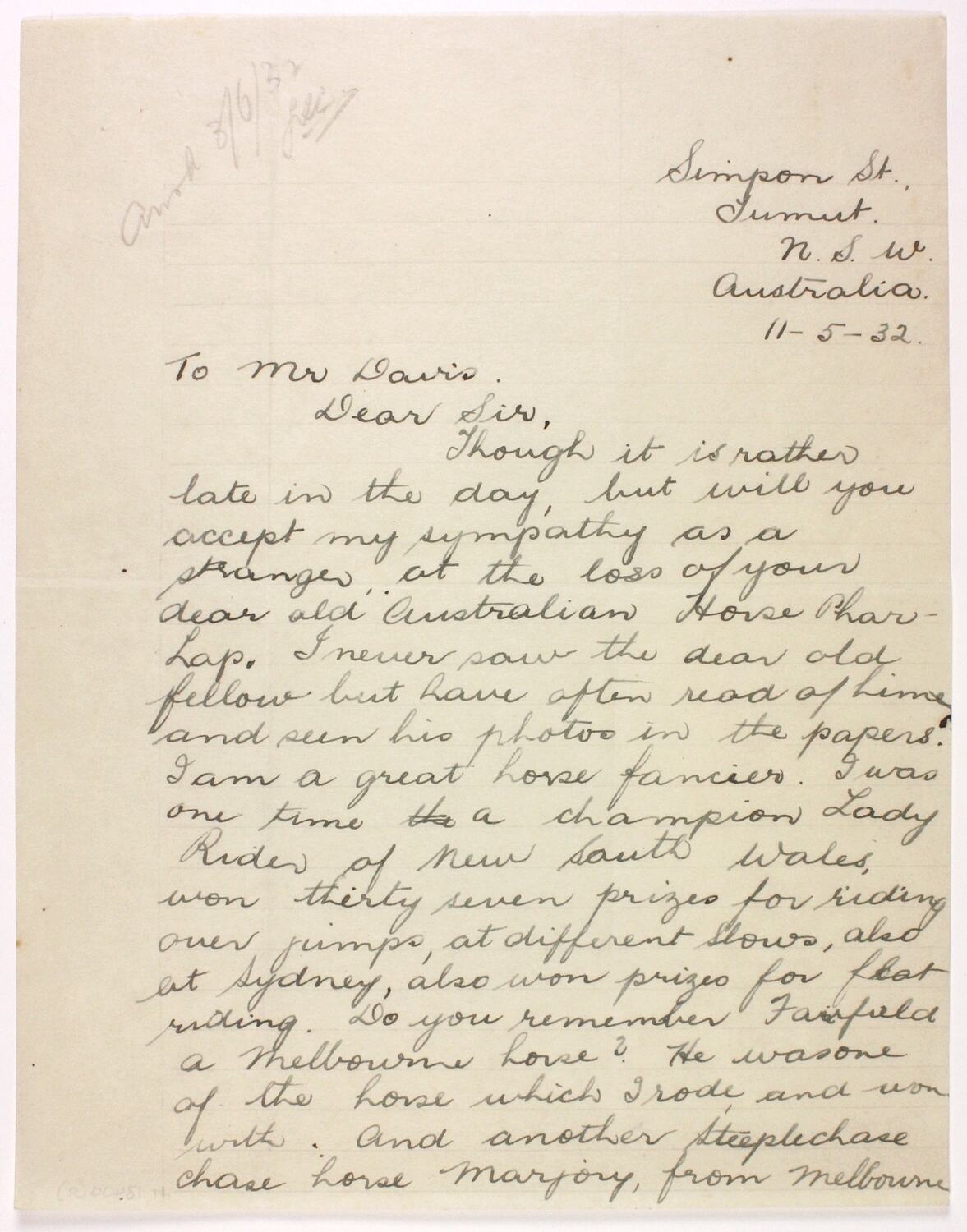 Letter - Clemson to Davis, Phar Lap's Death, 11 May 1932