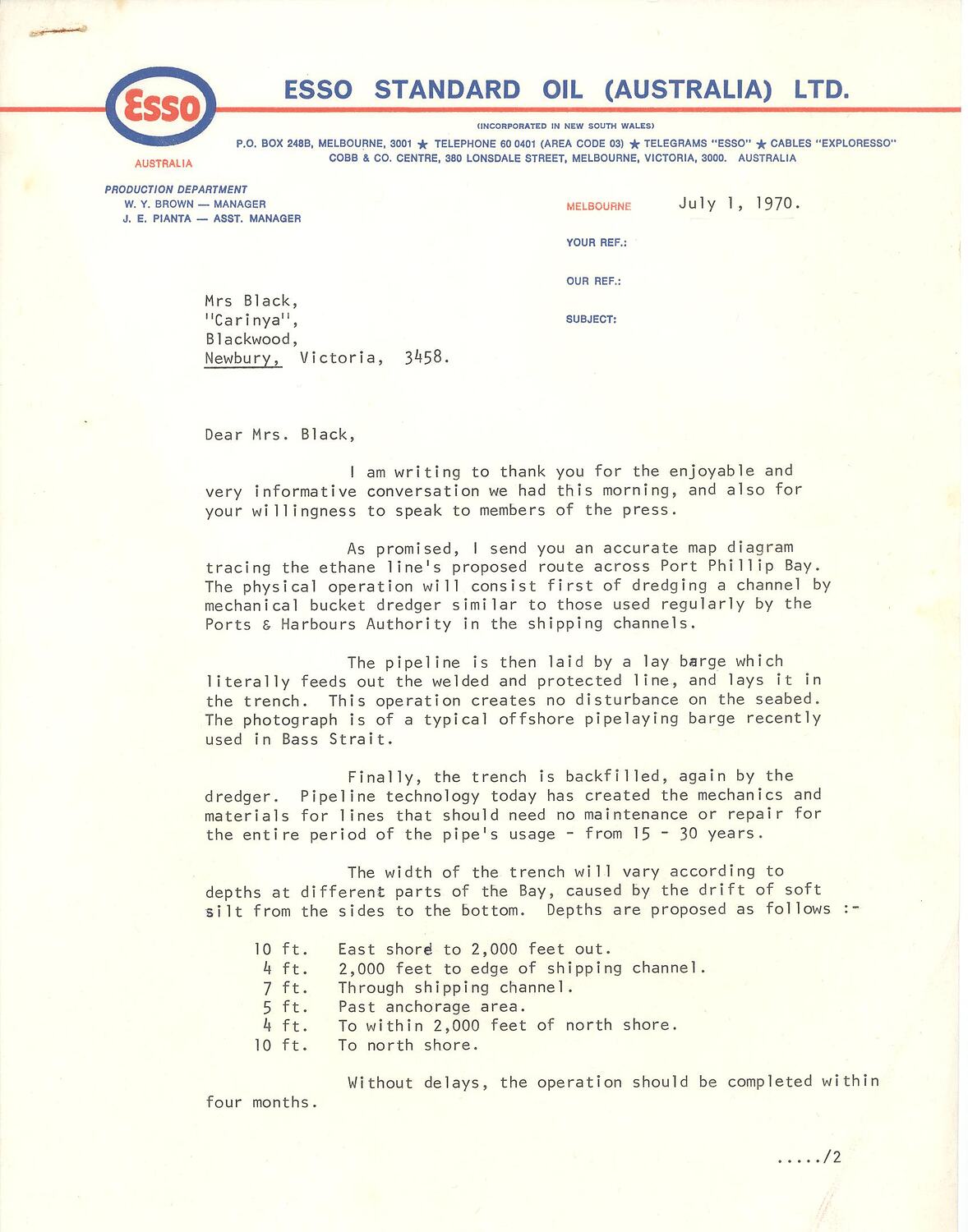 Letter - To Hope Black from Esso Standard Oil (Aust) Ltd, 1 Jul 1970