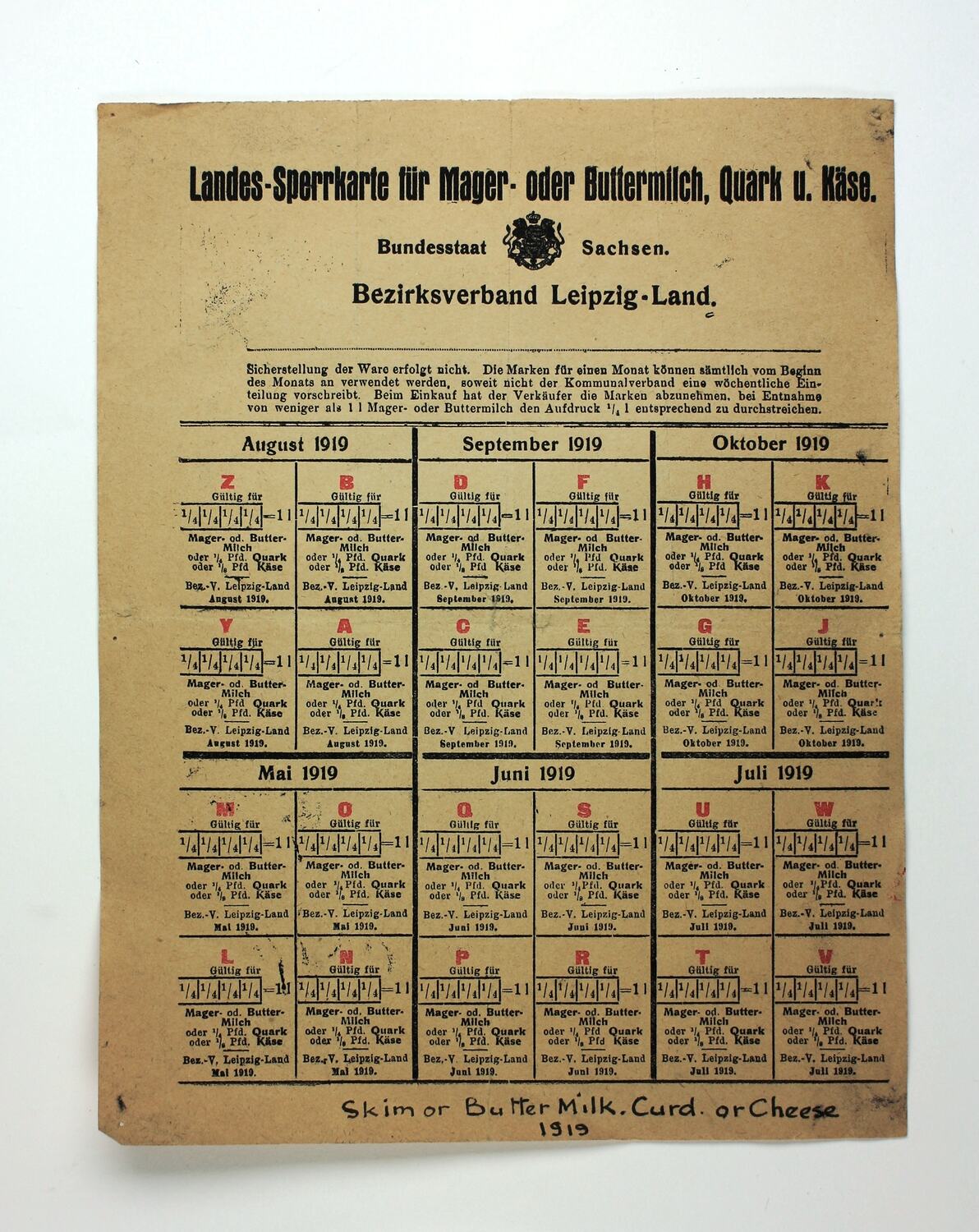 Ration Card - Dairy Products, Leipzig, Germany, 1919
