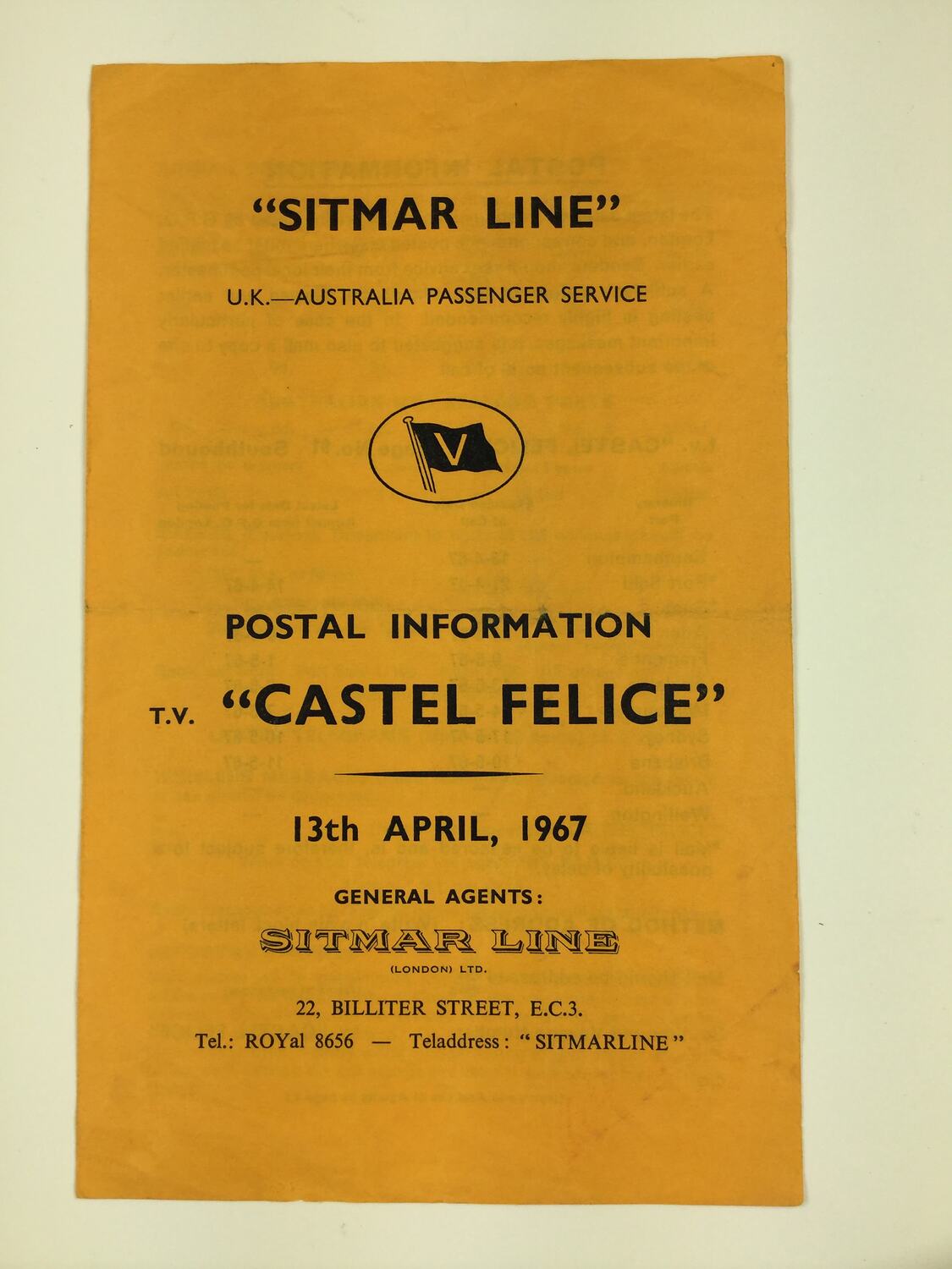 Postal Information Brochure - T/V Castel Felice, 13 Apr 1967
