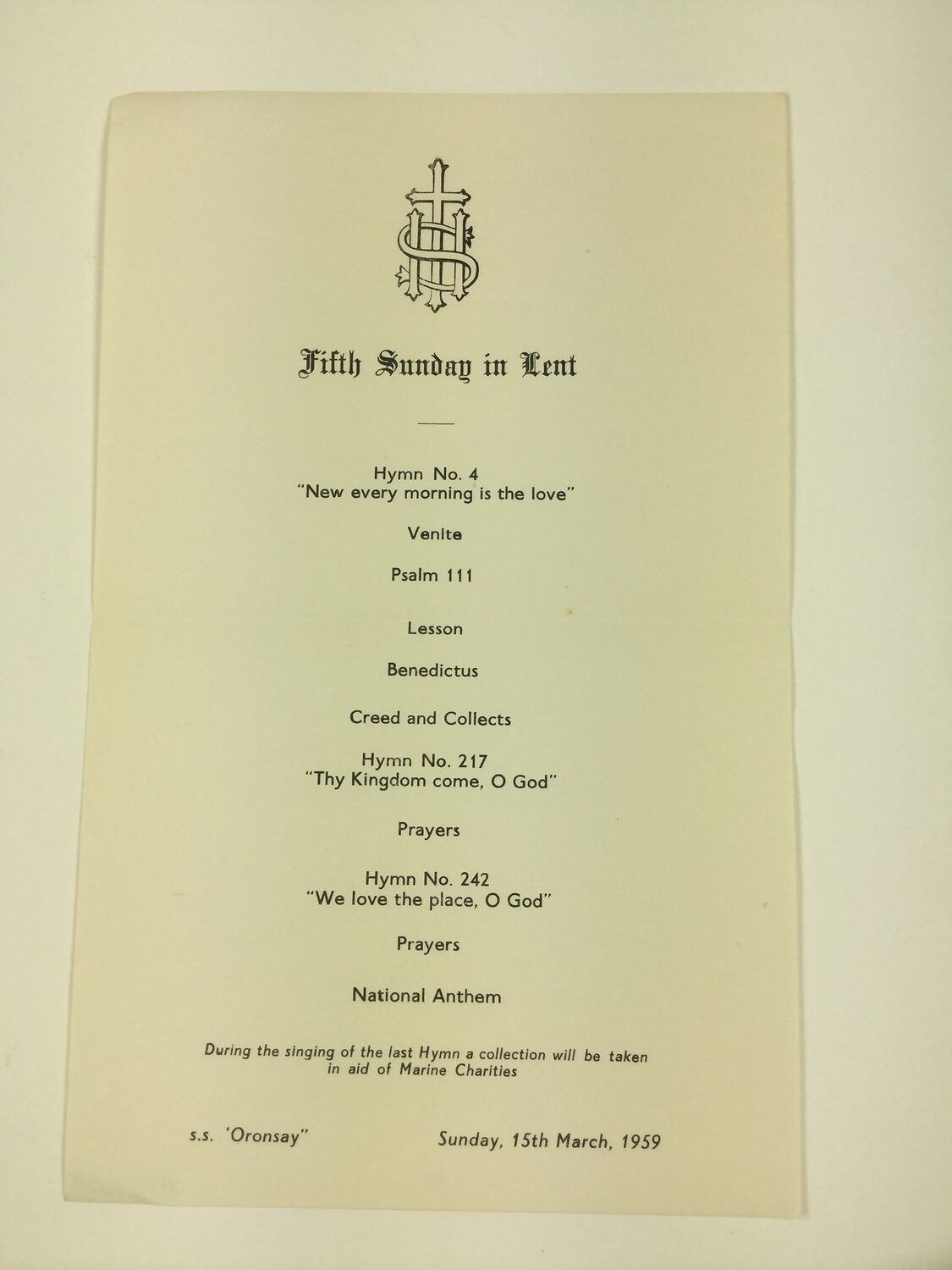 Pamphlet - Church Service Program, SS Oronsay, 15 Mar 1959
