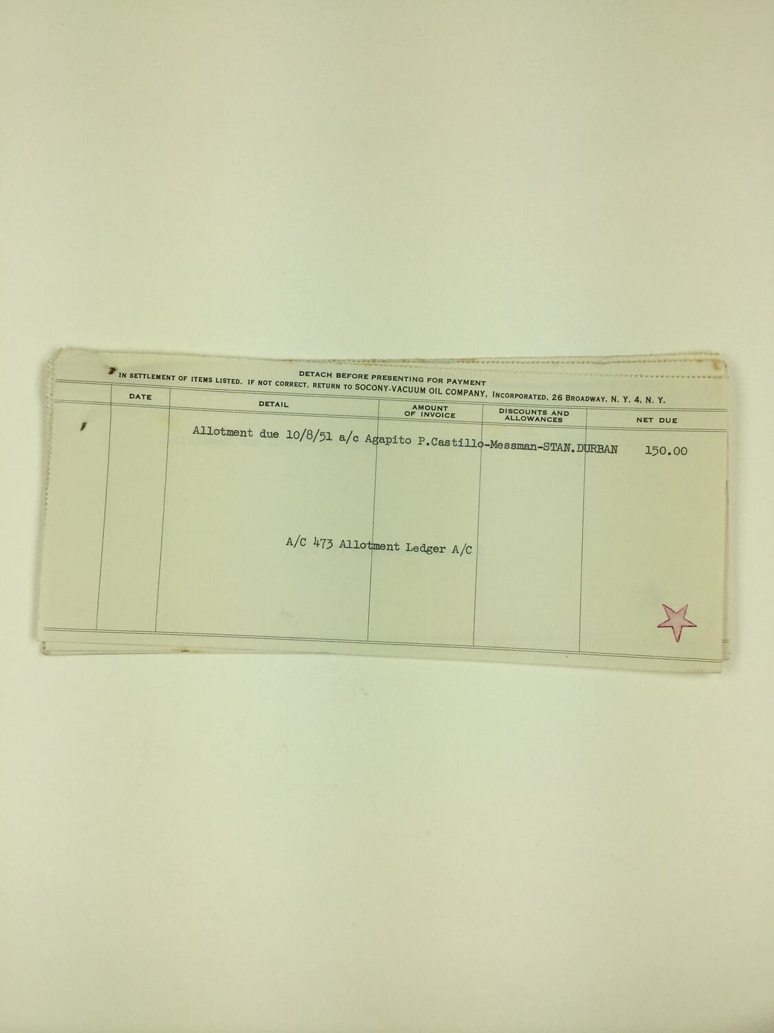 Seaman's Allotment Notes - Agapito Castillo, Socony Vacuum Oil Company ...