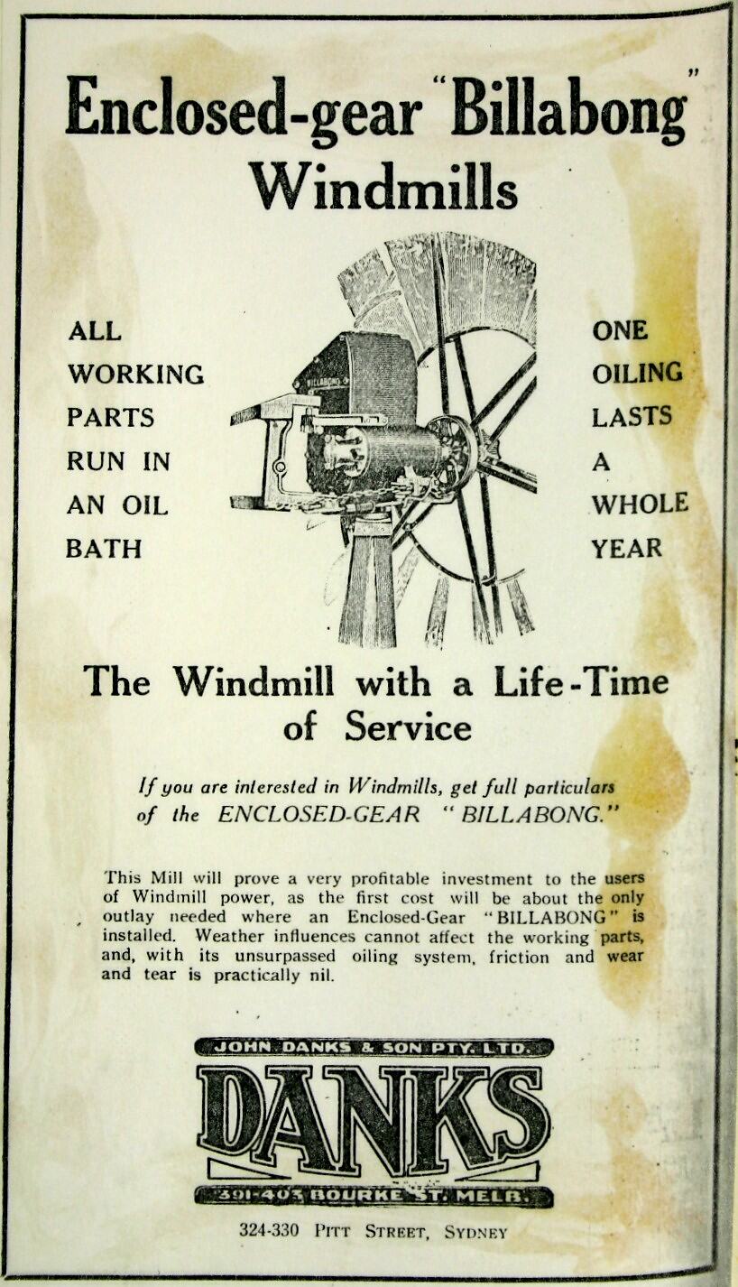 Advertisement - John Danks & Son, 'Enclosed-gear Billabong Windmills', 1925