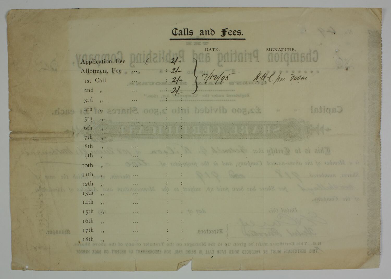 Scrip - Champion Printing & Publishing Company, Melbourne, Victoria, 1895