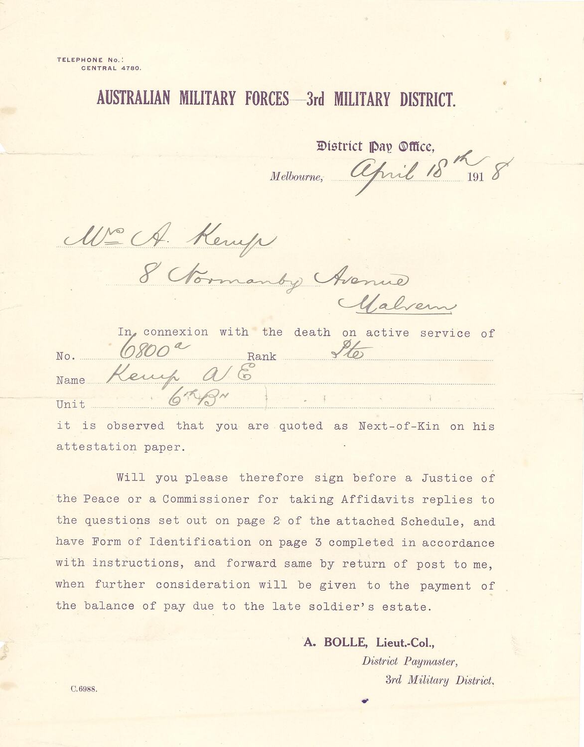 Letter - Australian Military Forces 3rd Military District to Mrs A ...