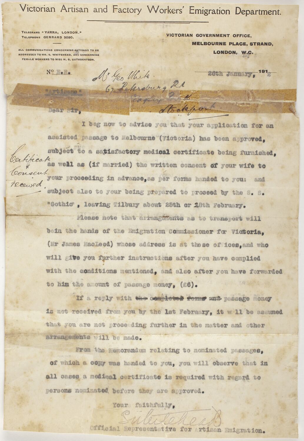 Letter - S. Whitehead to George White, Approval of Assisted Passage ...