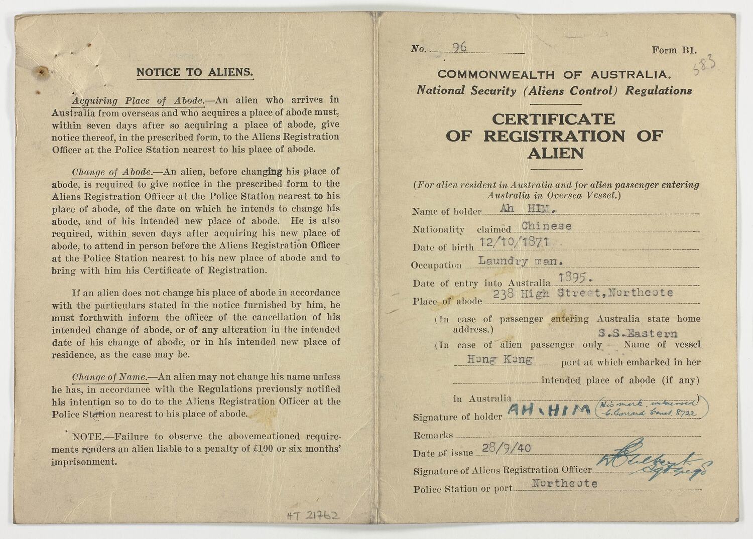 Certificate - Registration of Alien, Issued to Mr Ah Him, 28 Sep 1940