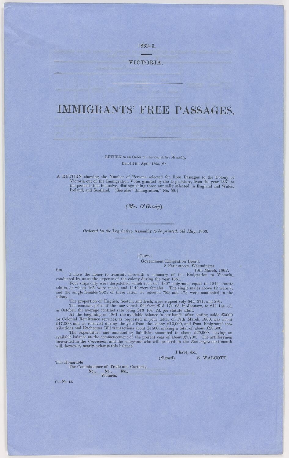 Parliamentary Paper - Immigrants' Free Passages, Parliament of Victoria ...