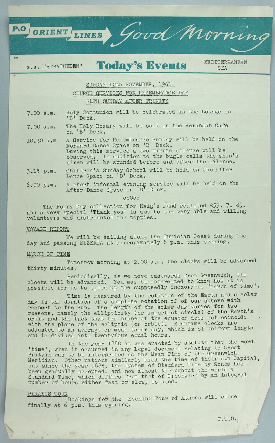 Information Sheet - P&O SS Stratheden, 'Today's Events', Mediterranean ...