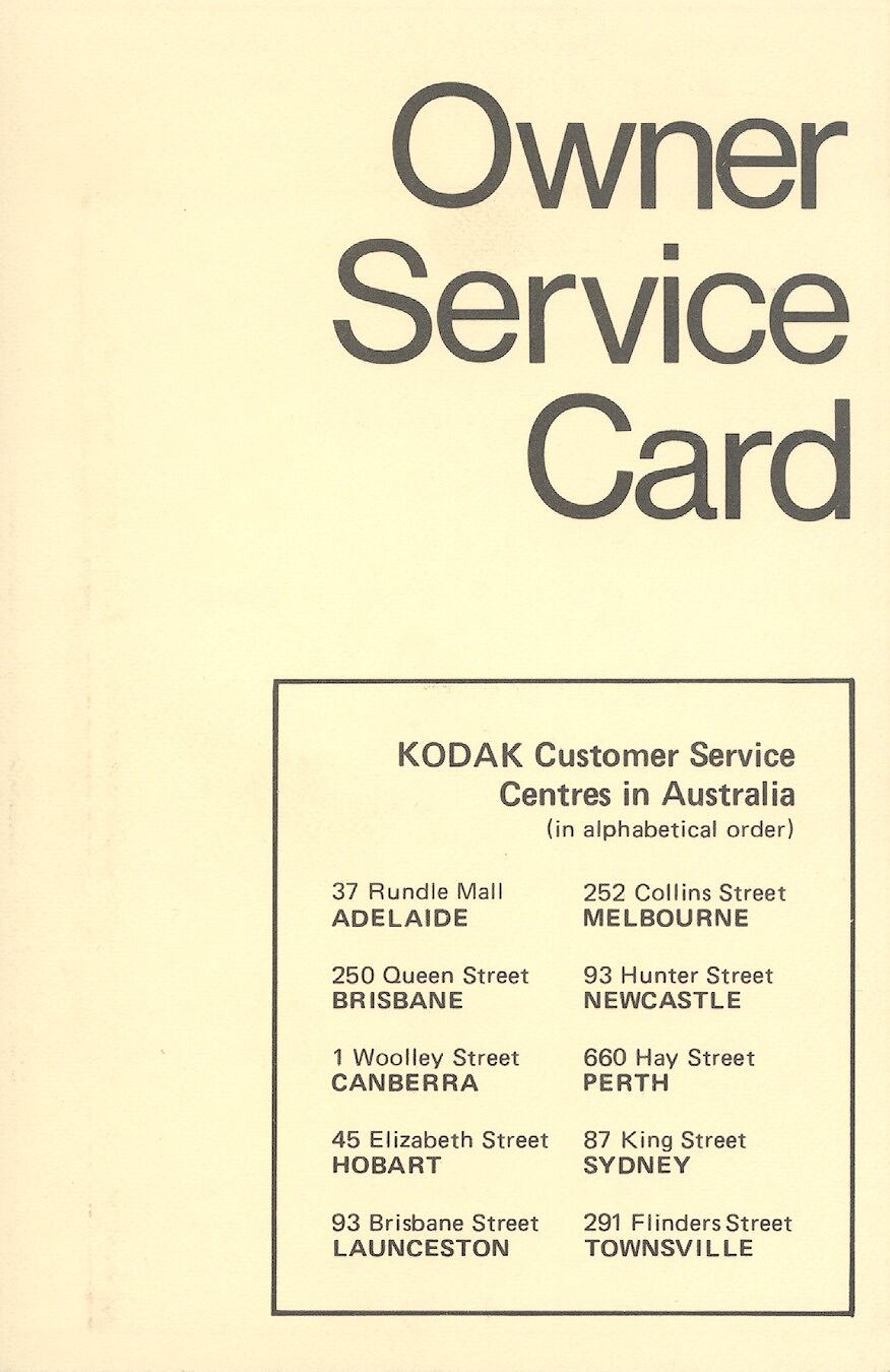Service Card - Kodak Australasia Pty Ltd, 'Owner Service Card', Coburg ...
