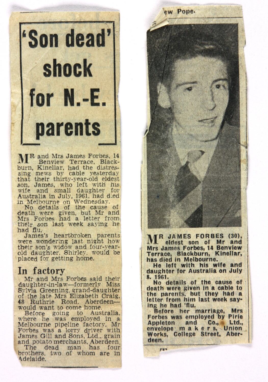 Newsclippings - Reports of Death of James Forbes, 1963