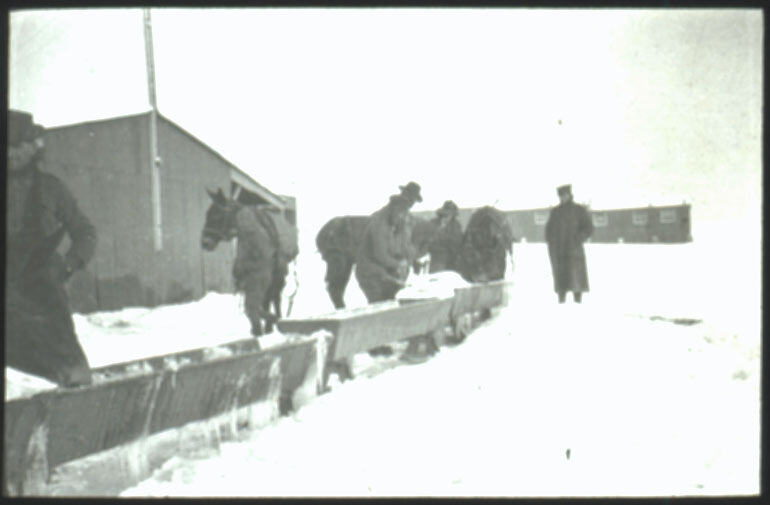 Lantern Slide - Frozen Water Troughs, Rollestone Camp, England, 1917