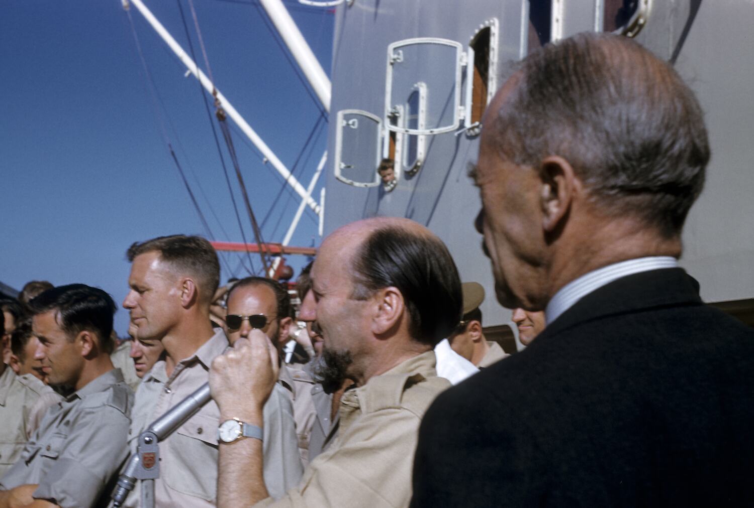 Slide - Phillip Law & RG Casey Farewelling Magga Dan, Tasmania, Jan 1960,