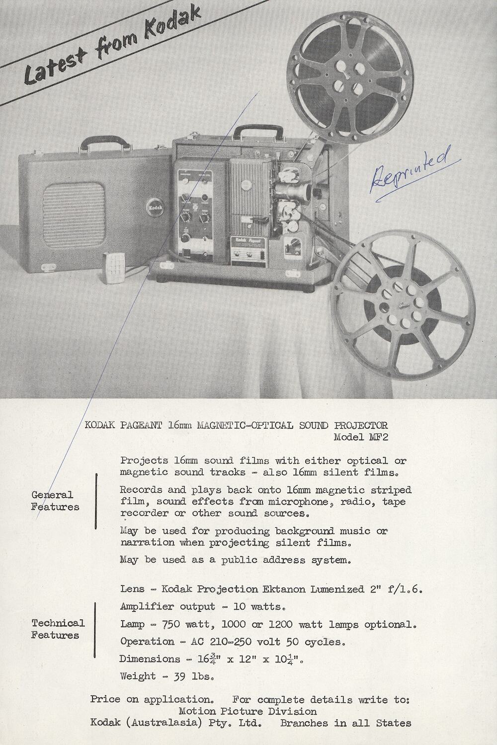 Publicity Flyer - Kodak Australasia Pty Ltd, Kodak Pageant Model MF2 ...