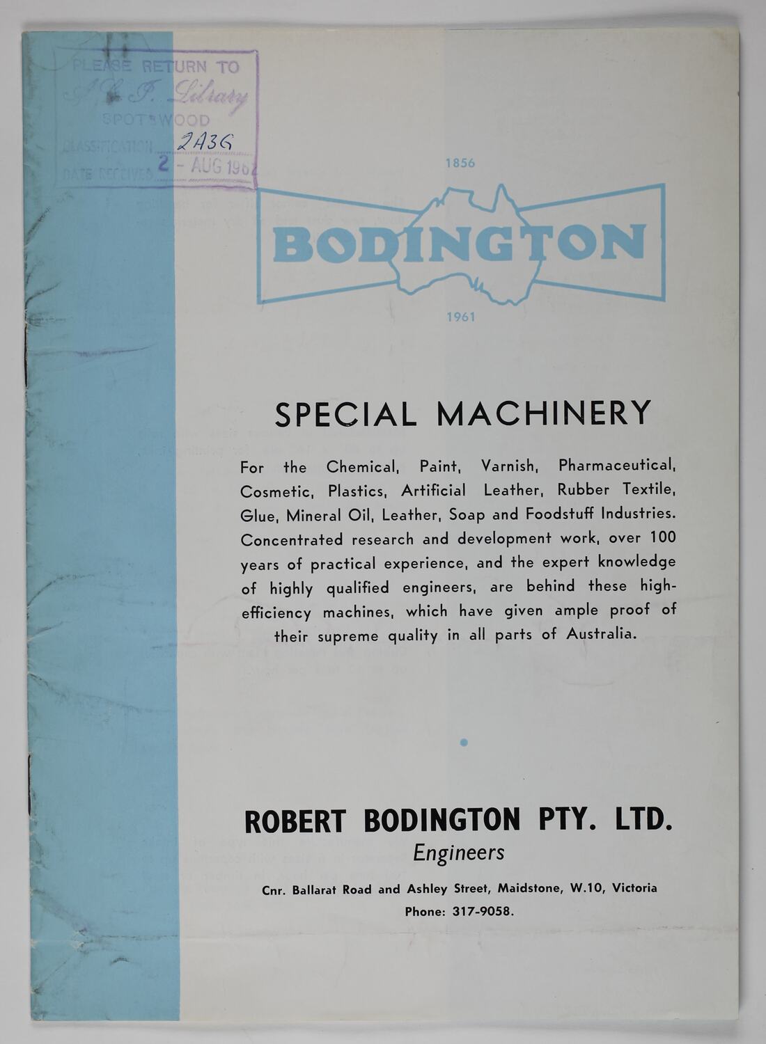 Catalogue - Robert Bodington, Bodington Manufacturing Machinery, 1961