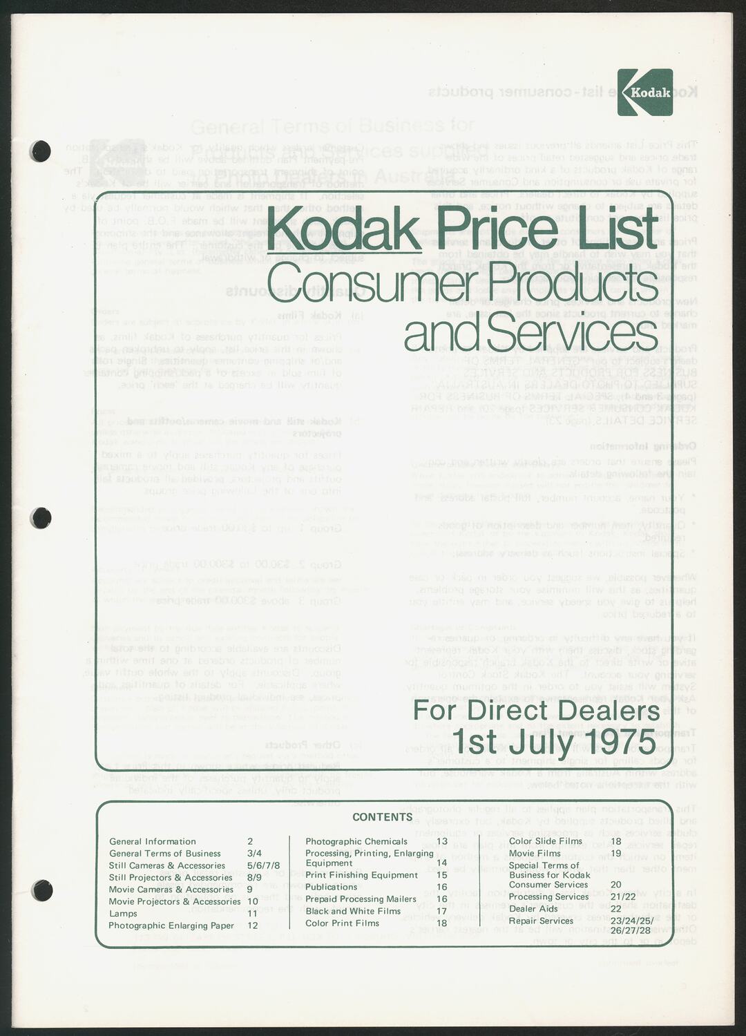 Price List - Kodak Australasia Pty Ltd, Photographic Supplies, 01 Jul 1975